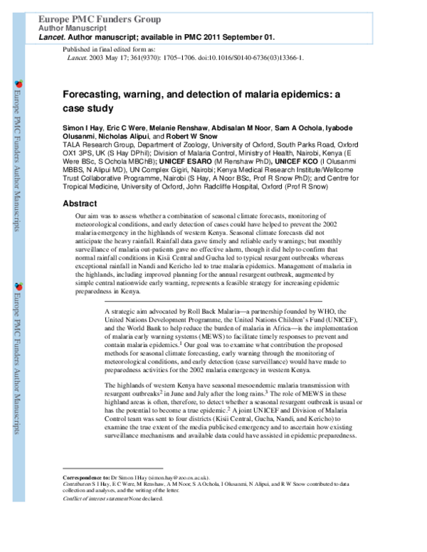 (PDF) Forecasting, warning, and detection of malaria epidemics: a case ...