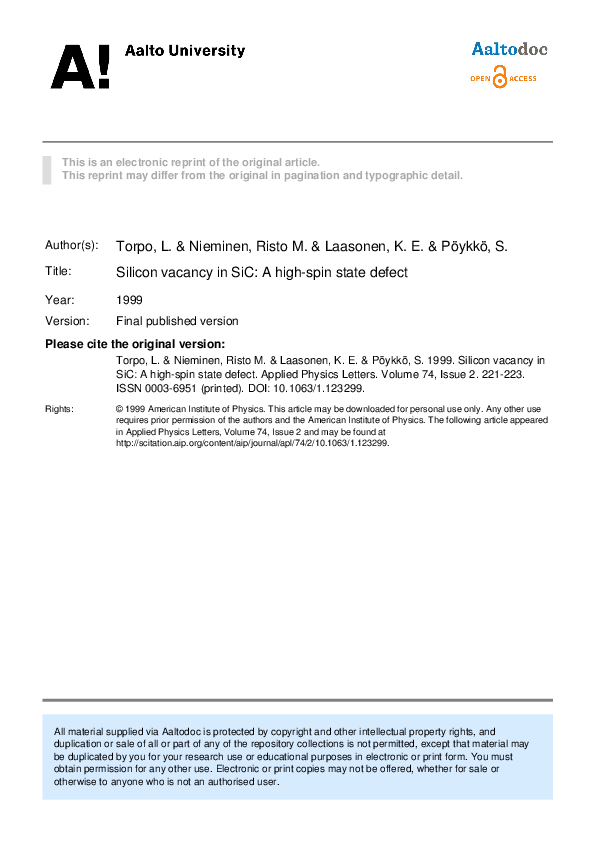 (PDF) Silicon vacancy in SiC: A high-spin state defect