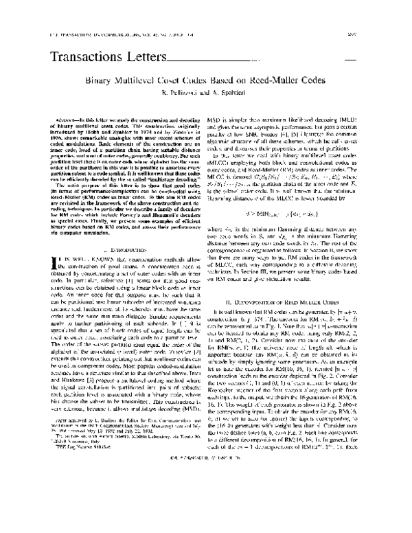 (PDF) Binary multilevel coset codes based on Reed-Muller codes