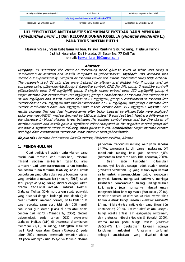 (PDF) UJI EFEKTIVITAS ANTIDIABETES KOMBINASI EKSTRAK DAUN MENIRAN ...