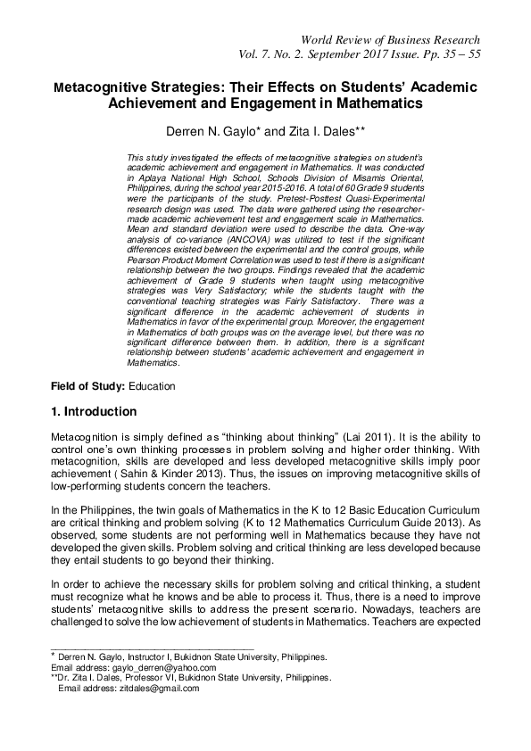 (PDF) Metacognitive Strategies: Their Effects on Students' Academic Achievement and Engagement ...