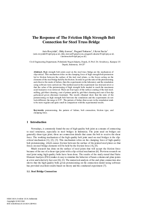 (PDF) The Response of The Friction High Strength Bolt Connection for ...