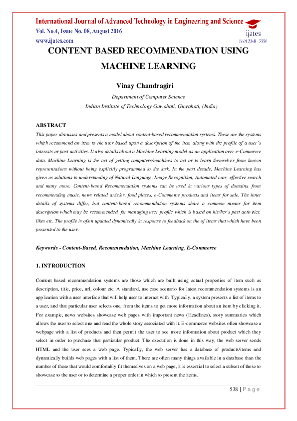 (PDF) Content-Based Recommendation Using Machine Learning