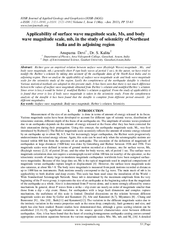 (PDF) Applicability of surface wave magnitude scale, Ms, and body wave ...