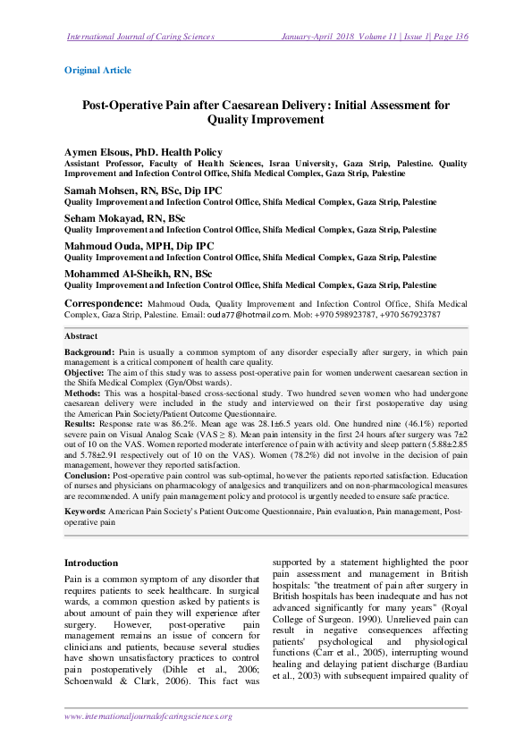 (PDF) Post-Operative Pain after Caesarean Delivery : Initial Assessment ...