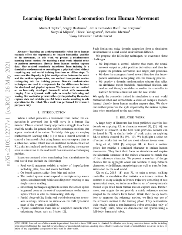 (PDF) Learning Bipedal Robot Locomotion from Human Movement