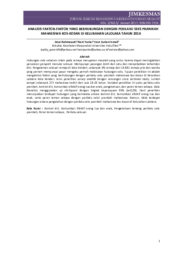(PDF) Analisis Faktor-Faktor Yang Berhubungan Dengan Perilaku Seks Pranikah Mahasiswa Kos-Kosan ...