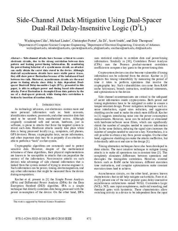 (PDF) Side-channel attack mitigation using dual-spacer Dual-rail Delay-insensitive Logic (D 3 L)