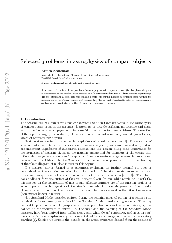 (PDF) Selected problems in astrophysics of compact objects