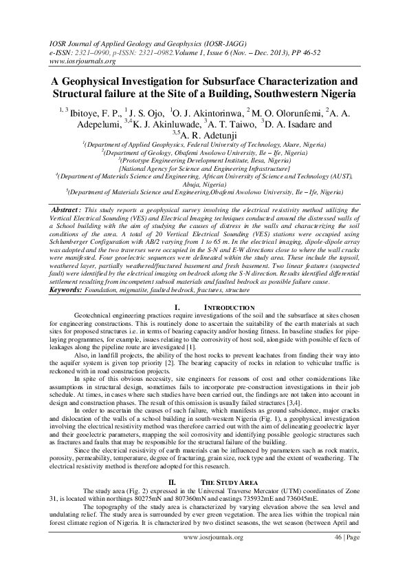 (PDF) A Geophysical Investigation for Subsurface Characterization and Structural failure at the ...
