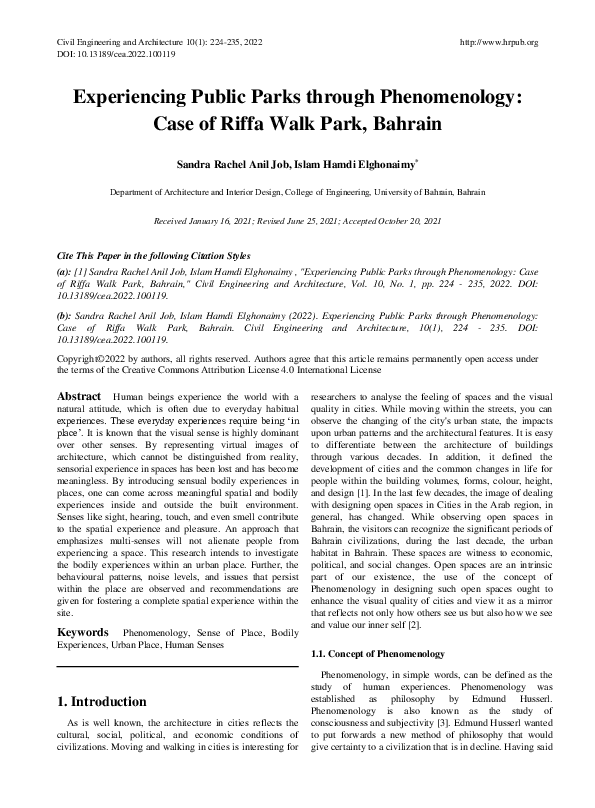 (PDF) Experiencing Public Parks through Phenomenology: Case of Riffa ...