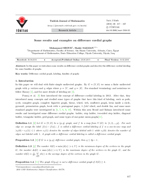 (PDF) Some results and examples on difference cordial graphs