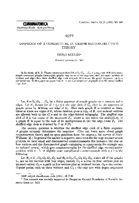 (PDF) Disproof of a conjecture in graph reconstruction theory