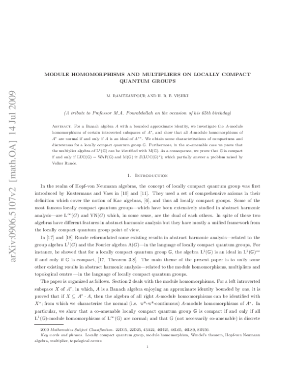 (PDF) Module homomorphisms and multipliers on locally compact quantum groups
