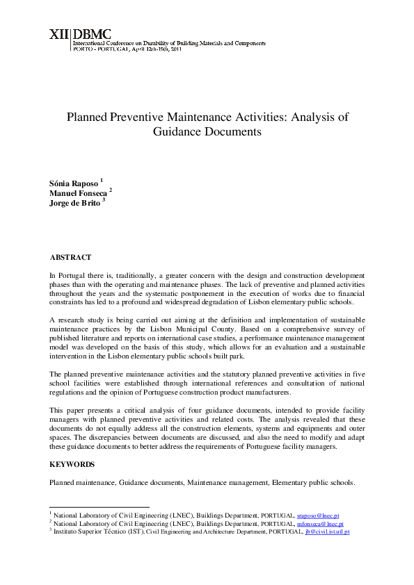 (PDF) Planned Preventive Maintenance Activities: Analysis of Guidance ...
