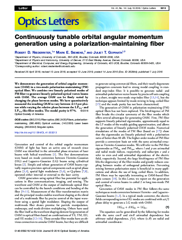 Pdf Continuously Tunable Orbital Angular Momentum Generation Using A Polarization Maintaining