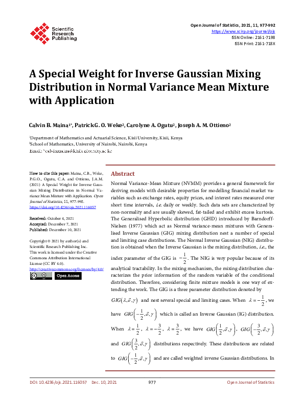 (PDF) A Special Weight for Inverse Gaussian Mixing Distribution in ...