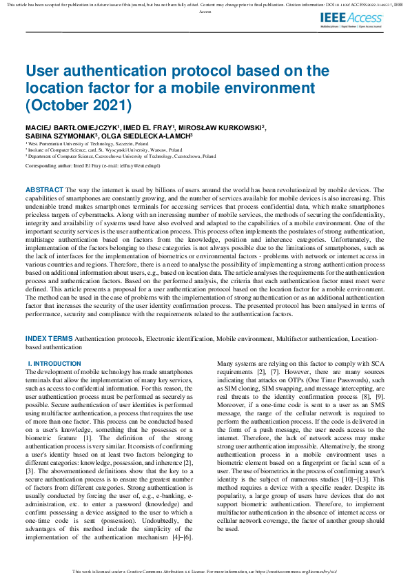 (PDF) User authentication protocol based on the location factor for a mobile environment ...