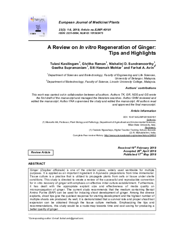 (PDF) A Review on In vitro Regeneration of Ginger: Tips and Highlights
