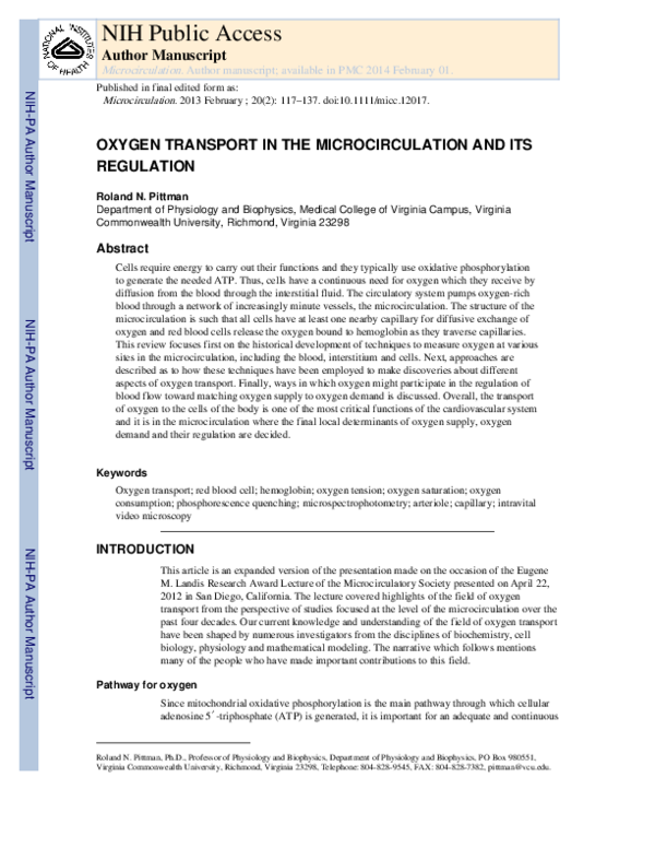 (PDF) Oxygen Transport in the Microcirculation and Its Regulation