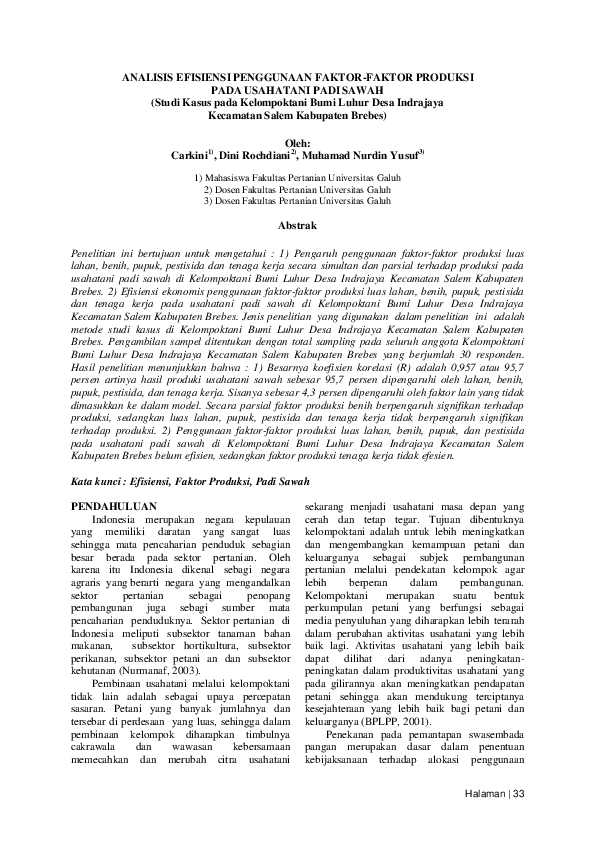 (PDF) Analisis Efisiensi Penggunaan Faktor-Faktor Produksi Pada Usahatani Padi Sawah | Avi Budi ...