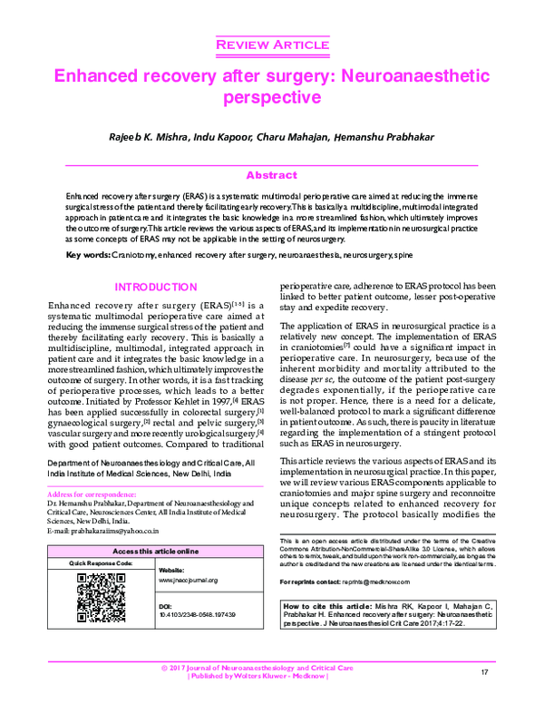 (PDF) Enhanced recovery after surgery: Neuroanaesthetic perspective