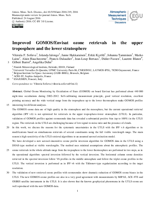 (PDF) Improved GOMOS/Envisat ozone retrievals in the upper troposphere ...