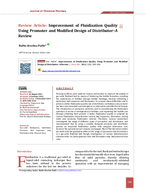 (PDF) Improvement of Fluidization Quality Using Promoter and Modified ...