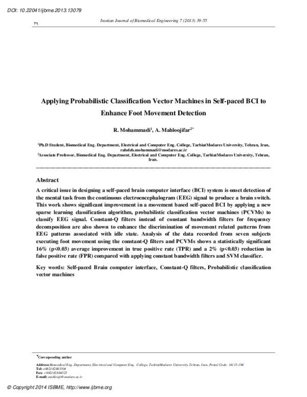 (PDF) EEG Based Foot Movement Onset Detection with the Probabilistic Classification Vector Machine