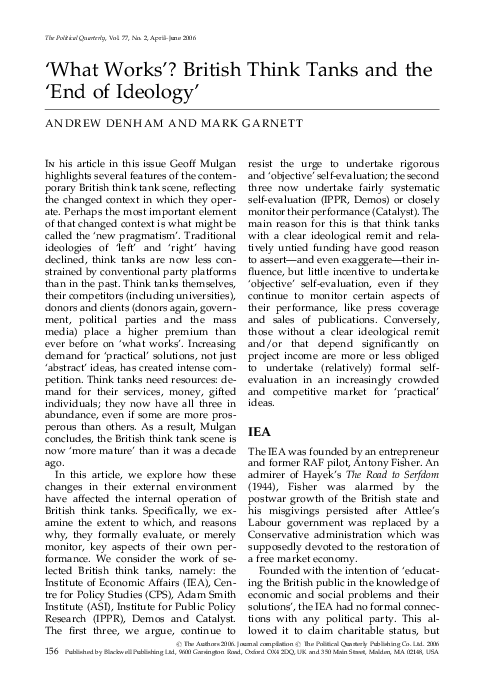 (PDF) What Works'? British Think Tanks and the 'End of Ideology