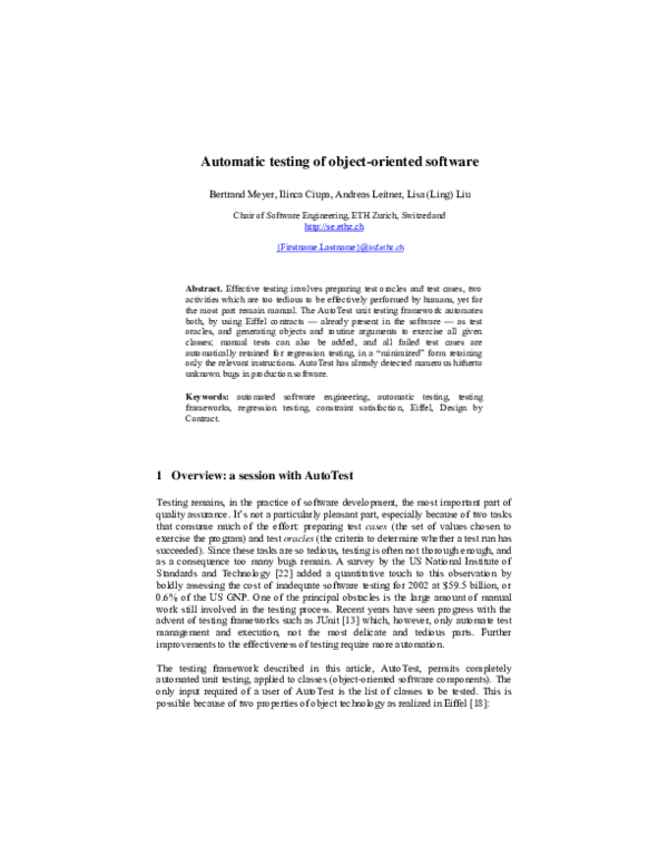 Pdf Automatic Testing Of Object Oriented Software