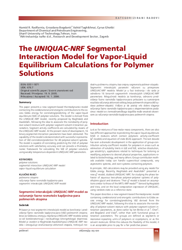 (PDF) The UNIQUAC-NRF Segmental Interaction Model for Vapor-Liquid ...