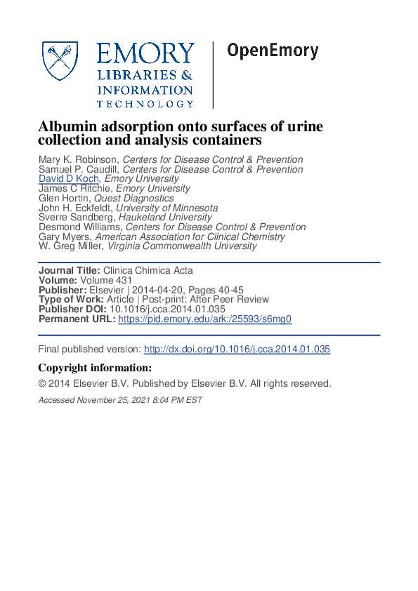 (PDF) Albumin adsorption onto surfaces of urine collection and analysis ...