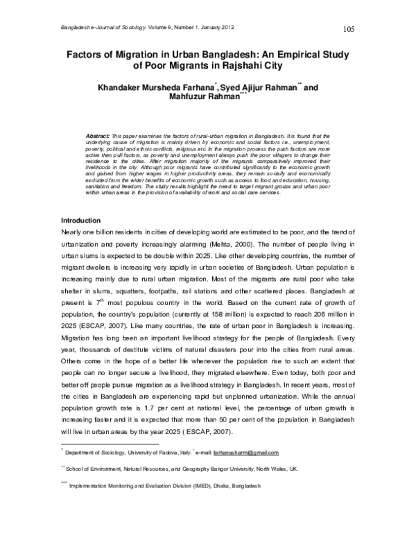 (PDF) Factors of Migration in Urban Bangladesh: An Empirical Study of ...