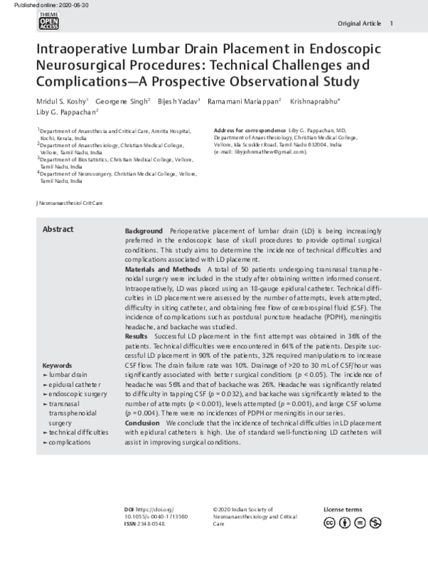 (PDF) Intraoperative Lumbar Drain Placement in Endoscopic Neurosurgical ...