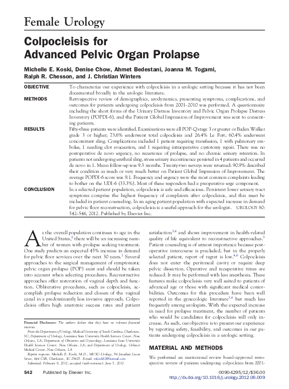(PDF) Colpocleisis for Advanced Pelvic Organ Prolapse | Christian ...