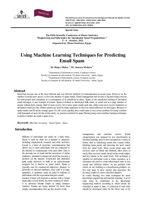 (PDF) Using Machine Learning Techniques for Predicting Email Spam