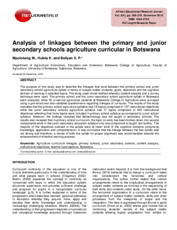 (PDF) Analysis of Linkages between the Primary and Junior Secondary ...
