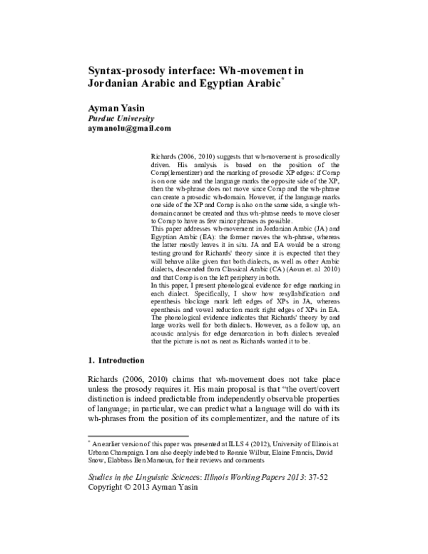 (PDF) Syntax-prosody interface: Wh-movement in Jordanian Arabic and ...