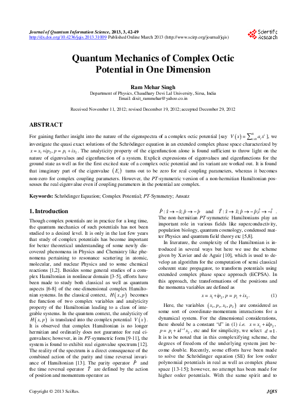 (PDF) Quantum Mechanics of Complex Octic Potential in One Dimension ...