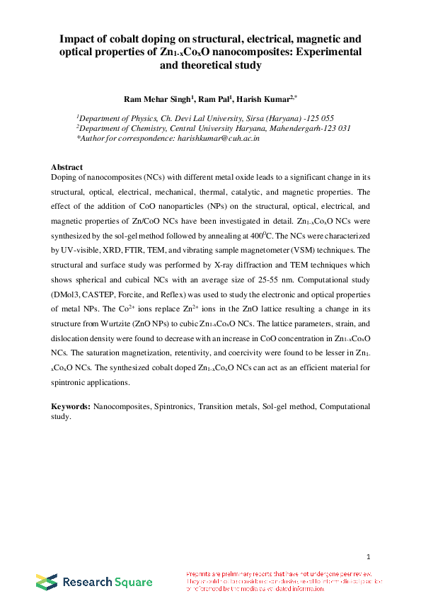 (PDF) Impact of Cobalt Doping on Structural, Electrical, Magnetic and Optical Properties of Zn1 ...