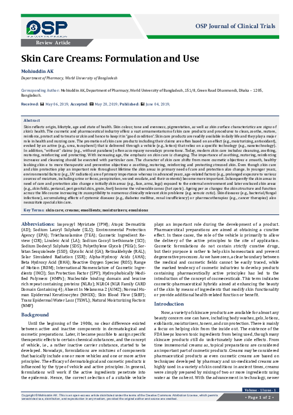 (PDF) Skin Care Creams: Formulation and Use