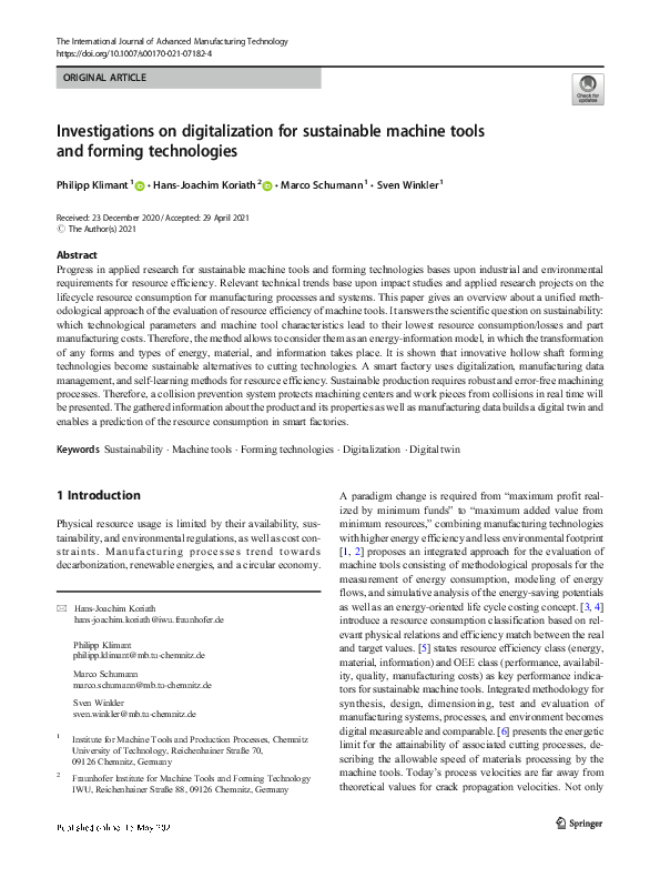(PDF) Investigations on digitalization for sustainable machine tools ...