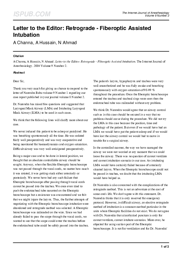 (PDF) Letter to the Editor: Retrograde - Fiberoptic Assisted Intubation