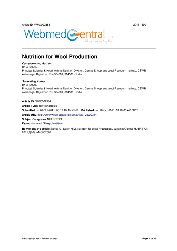 (PDF) Nutrition For Wool Production