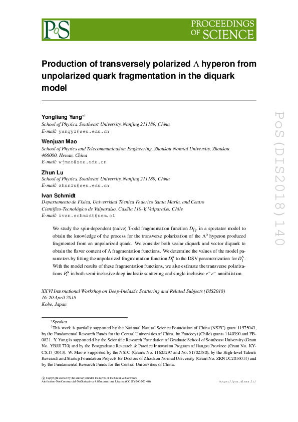 (PDF) Production of transversely polarized $\Lambda$ hyperon from unpolarized quark ...