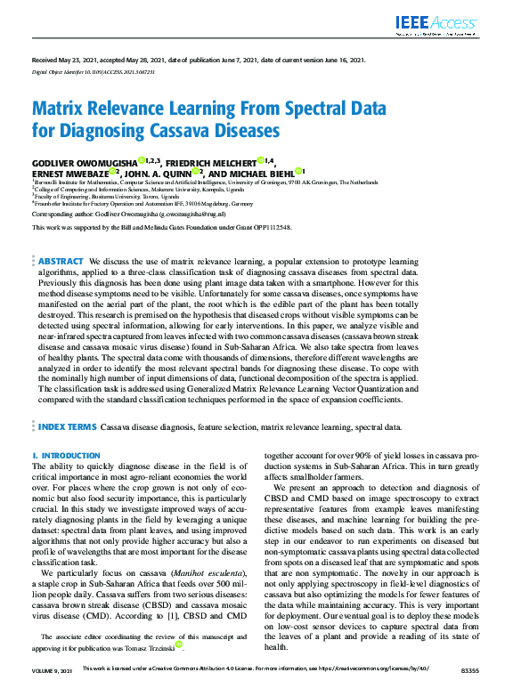 (PDF) Matrix Relevance Learning From Spectral Data for Diagnosing Cassava Diseases