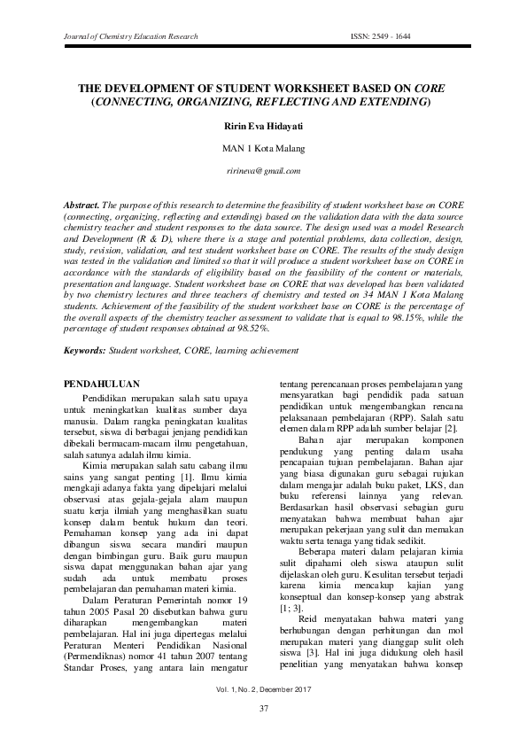 (PDF) The Development of Student Worksheet Based on Core (Connecting, Organizing, Reflecting and ...