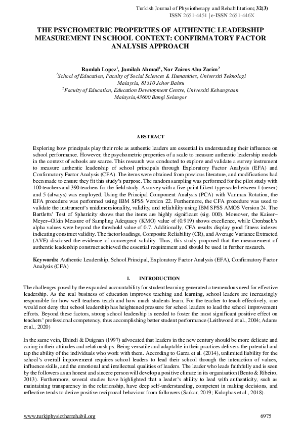 (PDF) The Psychometric Properties of Authentic Leadership Measurement in School Context ...