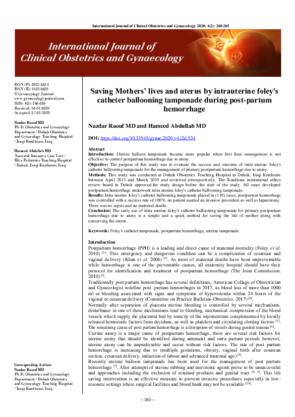 (PDF) Saving Mothers’ lives and uterus by intrauterine foley's catheter ...